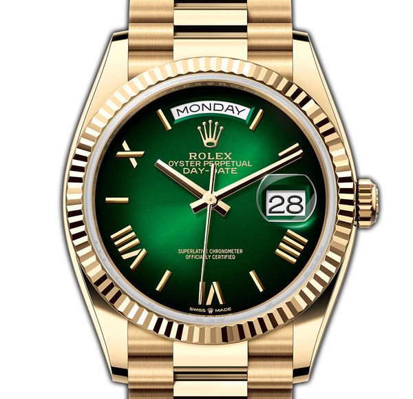 Rolex Day-Date 36 18k Yellow Gold President Green Ombre Dial 128238 – Element iN Time NYC